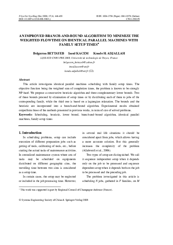 Pdf An Improved Branch And Bound Algorithm To Minimize The Weighted Flowtime On Identical