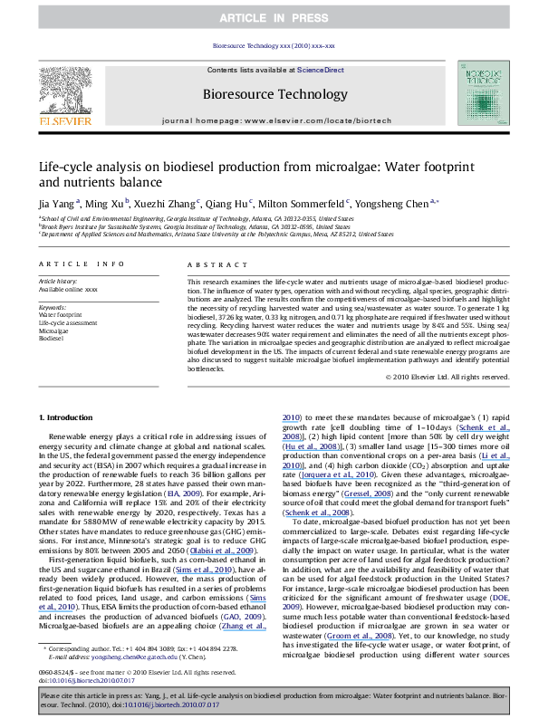 (PDF) Life-cycle analysis on biodiesel production from microalgae: Water footprint and nutrients ...