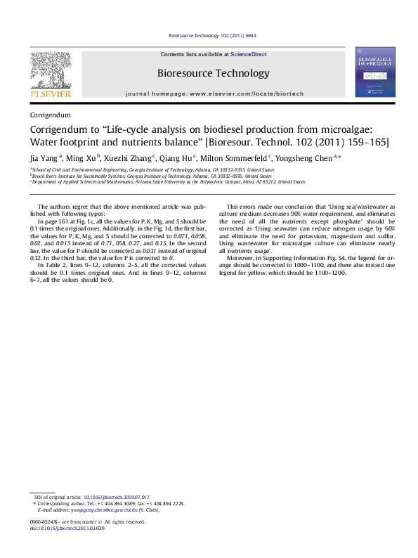 (PDF) Corrigendum to “Life-cycle analysis on biodiesel production from microalgae: Water ...