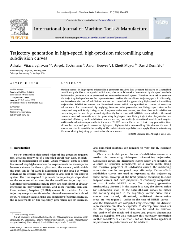 (PDF) Trajectory generation in high-speed, high-precision micromilling using subdivision curves