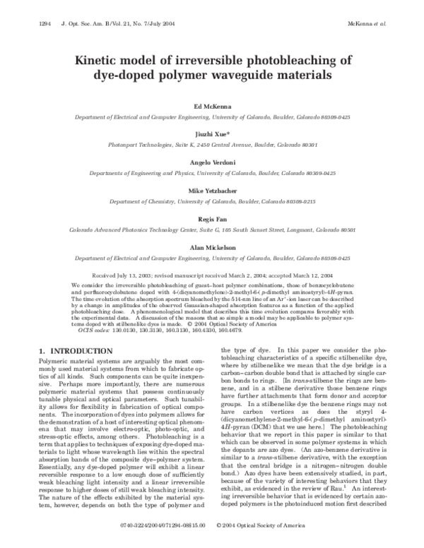 (PDF) Kinetic model of irreversible photobleaching of dye-doped polymer ...