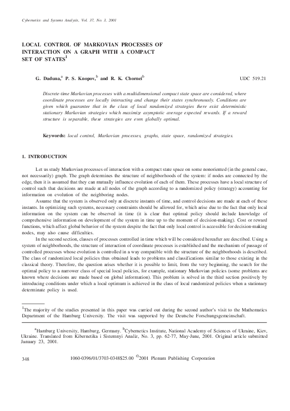 Pdf Local Control Of Markovian Processes Of Interaction On A Graph With A Compact Set Of States