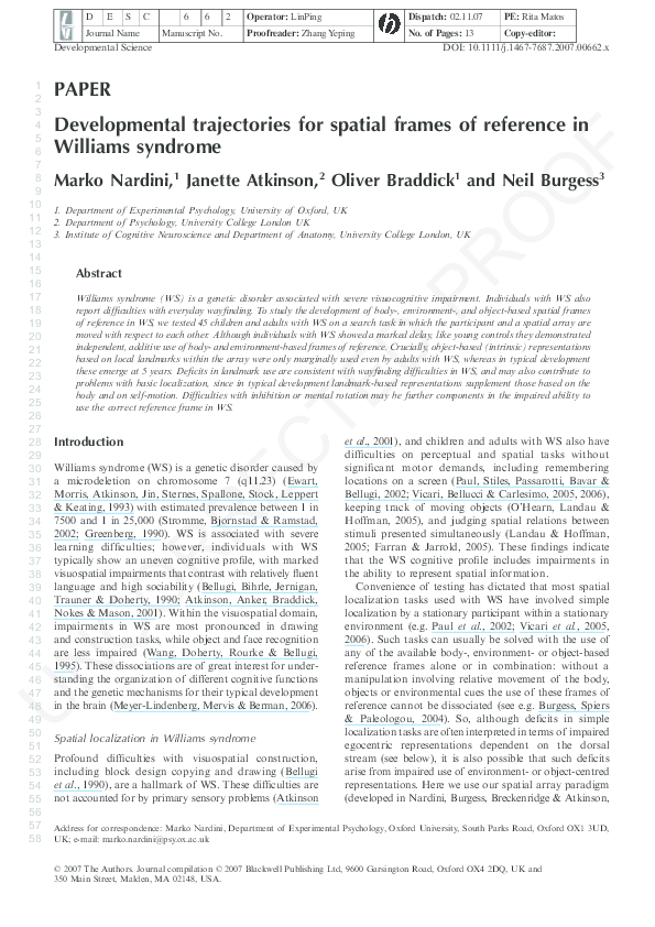 (PDF) Developmental trajectories for spatial frames of reference in Williams syndrome