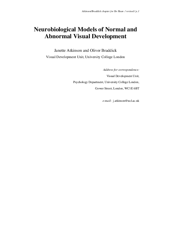 (PDF) Neurobiological models of normal and abnormal visual development