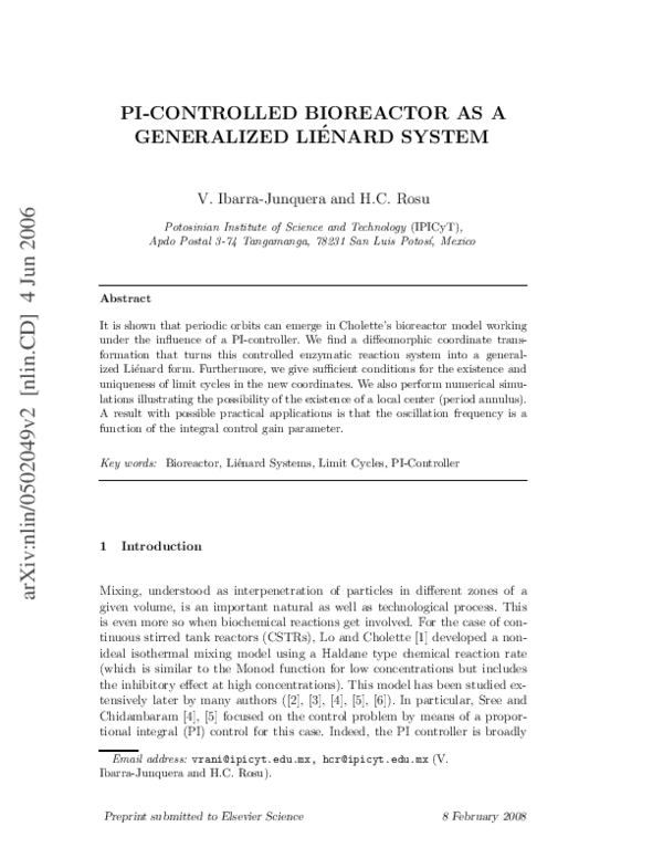 (PDF) PI-controlled bioreactor as a generalized Liénard system