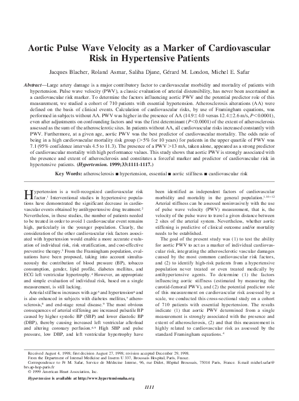 (PDF) Aortic Pulse Wave Velocity as a Marker of Cardiovascular Risk in Hypertensive Patients