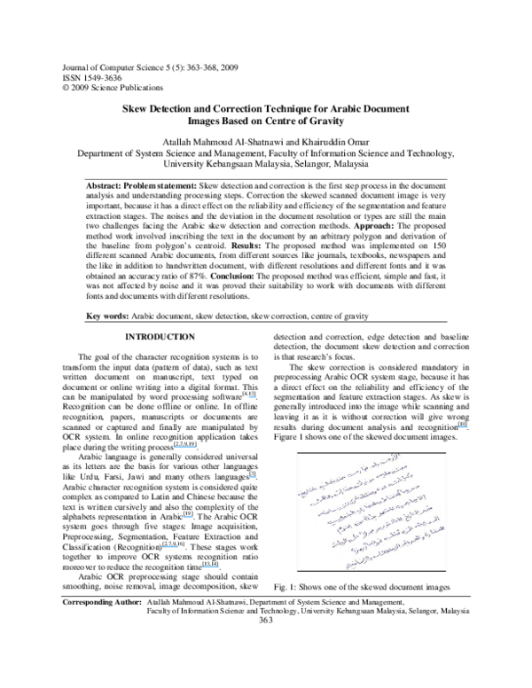 Pdf Skew Detection And Correction Technique For Arabic Document Images Based On Centre Of Gravity