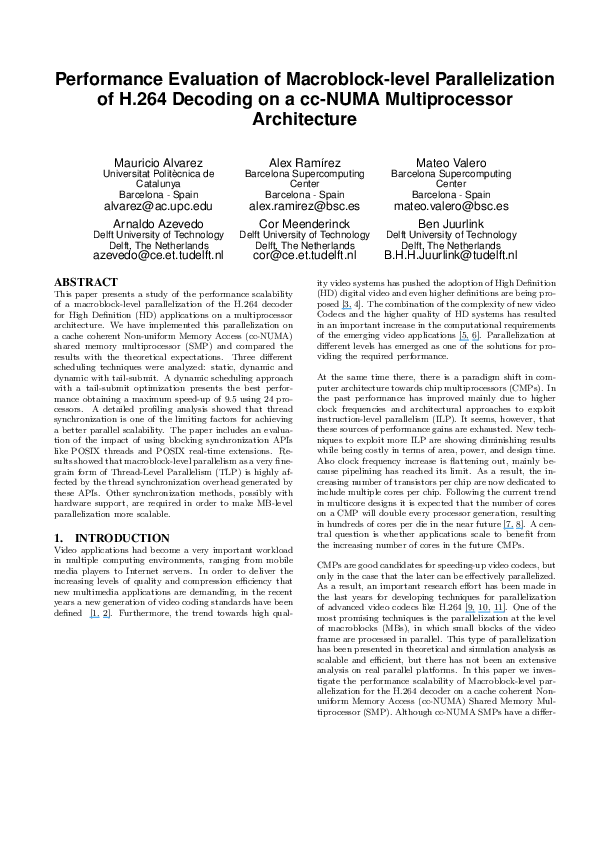 Pdf Performance Evaluation Of Macroblock Level Parallelization Of H 264 Decoding On A Cc Numa