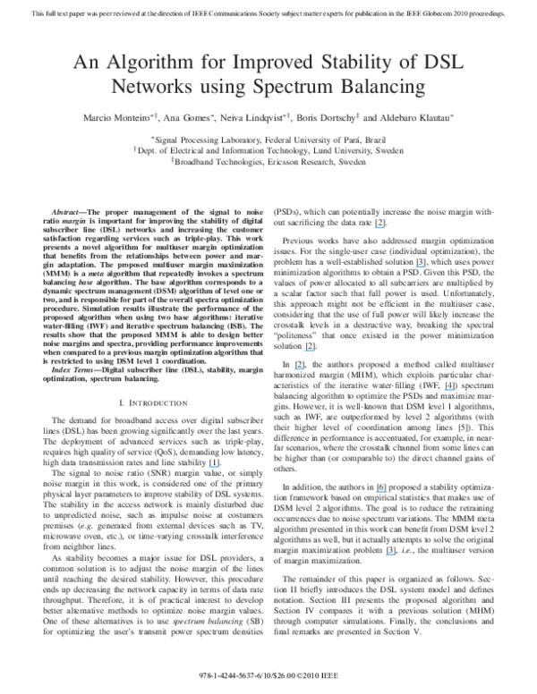 (PDF) An Algorithm for Improved Stability of DSL Networks Using Spectrum Balancing