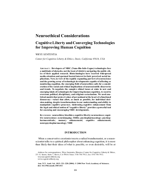 (PDF) Neuroethical considerations: cognitive liberty and converging technologies for improving ...