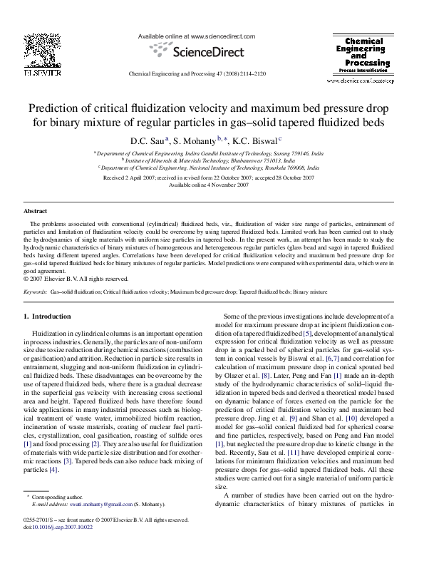 (PDF) Prediction of critical fluidization velocity and maximum bed pressure drop for binary ...