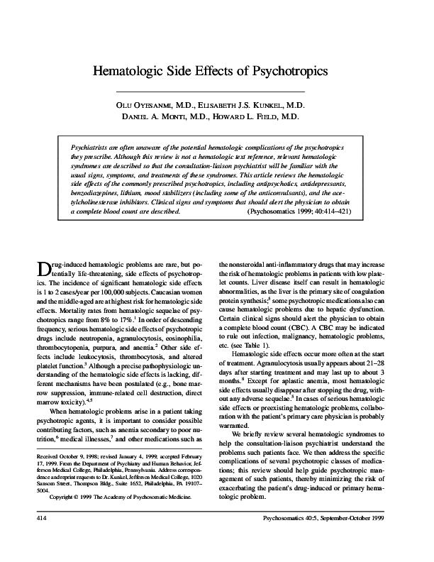 (PDF) Hematologic Side Effects of Psychotropics