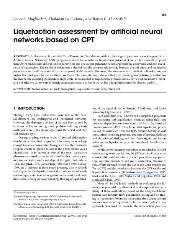 Pdf Liquefaction Assessment By Artificial Neural Networks Based On Cpt
