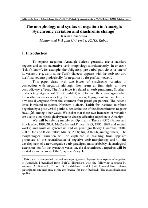 (PDF) The morphology and syntax of negation in Amazigh: Synchronic ...