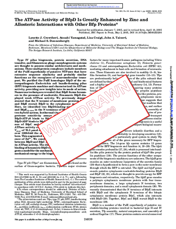 (PDF) The ATPase Activity of BfpD Is Greatly Enhanced by Zinc and ...