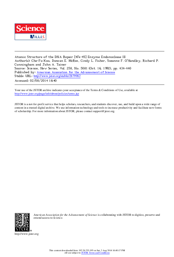 (PDF) Atomic structure of the DNA repair [4Fe-4S] enzyme endonuclease III
