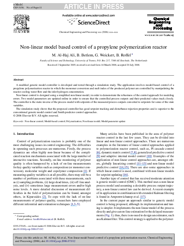(PDF) Non-linear model based control of a propylene polymerization reactor