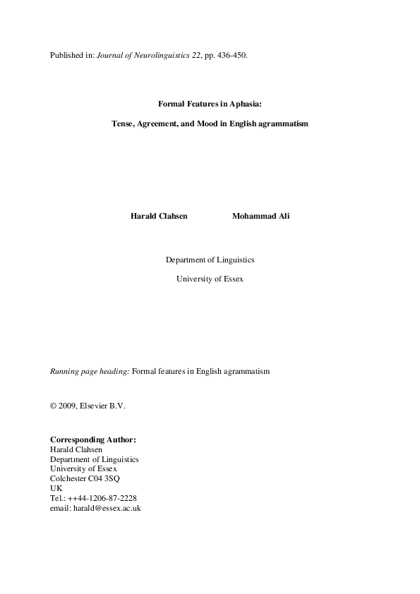 (PDF) Formal features in aphasia: Tense, agreement, and mood in English ...