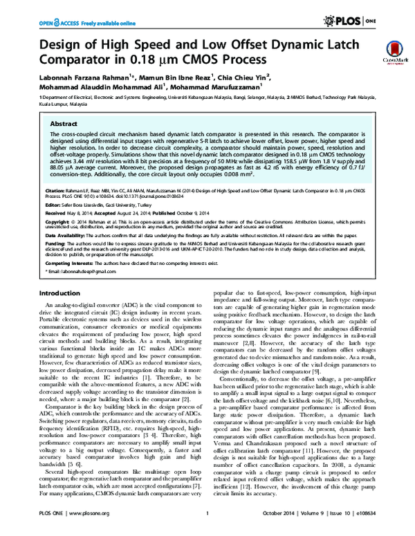 Pdf Design Of High Speed And Low Offset Dynamic Latch Comparator In 018 µm Cmos Process