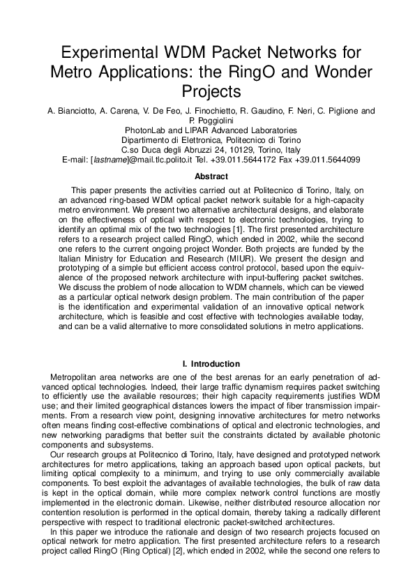 (PDF) Experimental WDM Packet Networks for Metro Applications: the ...