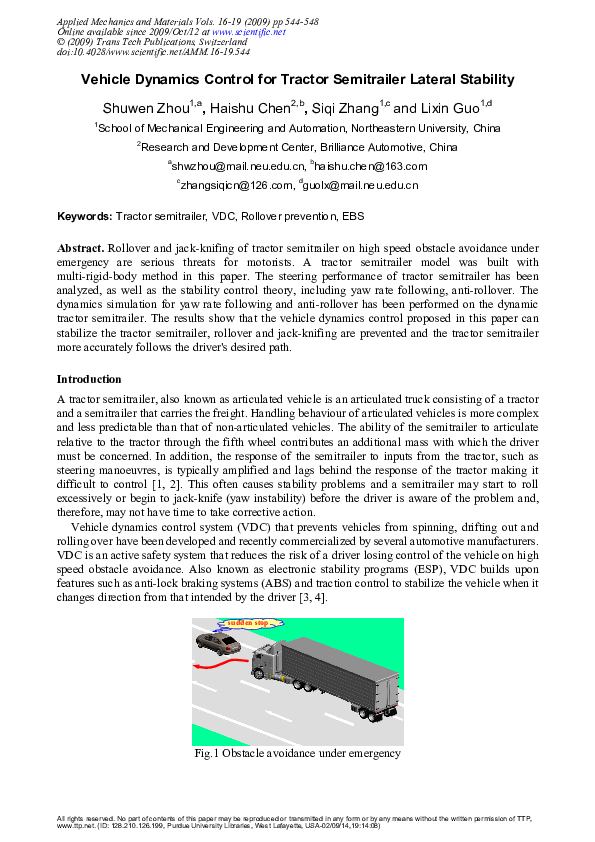 (PDF) Vehicle Dynamics Control for Tractor Semitrailer Lateral Stability