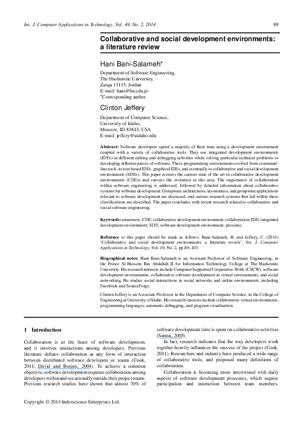 (PDF) Collaborative and social development environments: a literature review