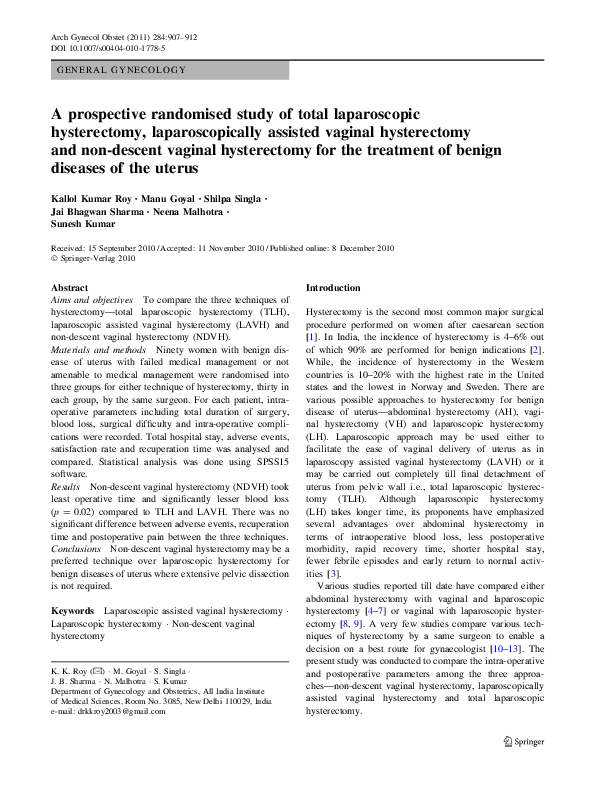 (PDF) A prospective randomised study of total laparoscopic hysterectomy ...
