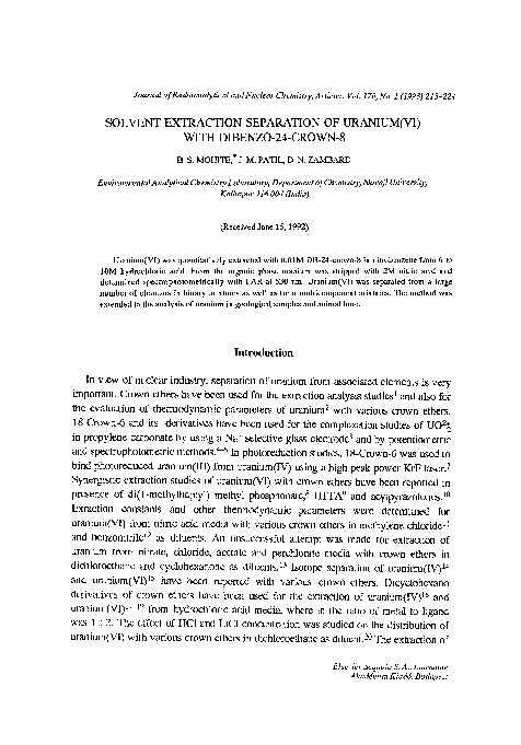 (PDF) Solvent extraction, separation of uranium (VI) with crown ether ...