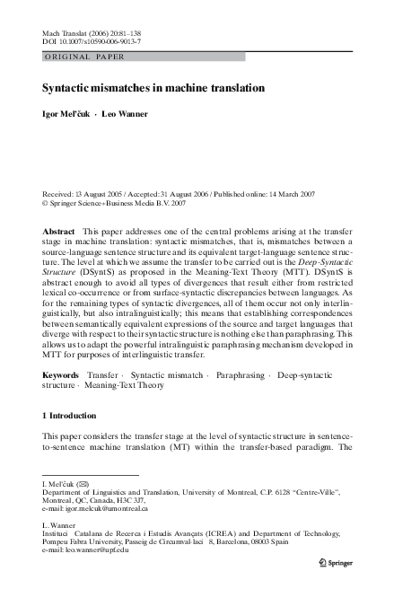 Pdf Syntactic Mismatches In Machine Translation
