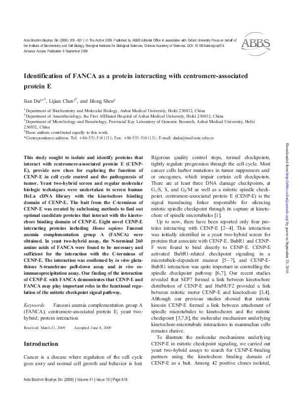 (PDF) Identification of FANCA as a protein interacting with centromere-associated protein E