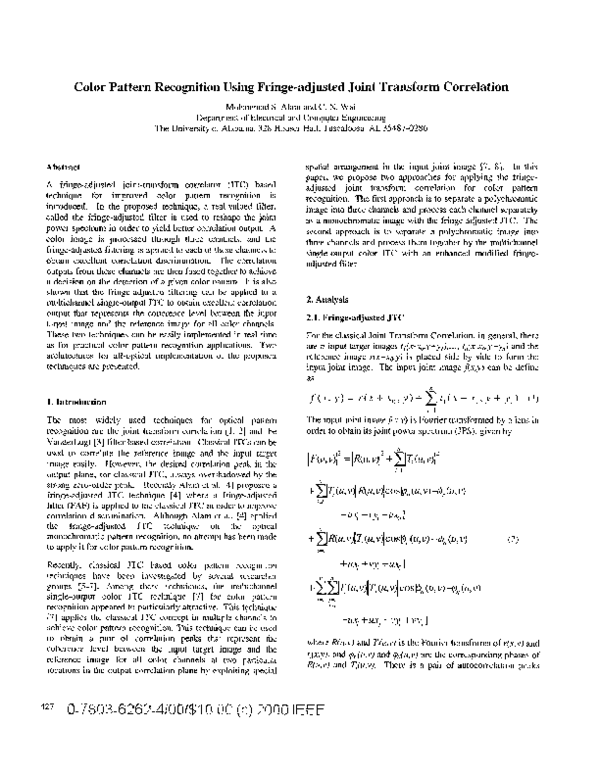 Pdf Color Pattern Recognition Using Fringe Adjusted Joint Transform Correlation 8773