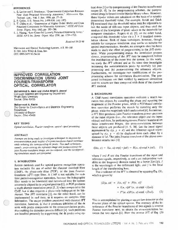 (PDF) Improved correlation discrimination using joint fourier-transform optical correlator