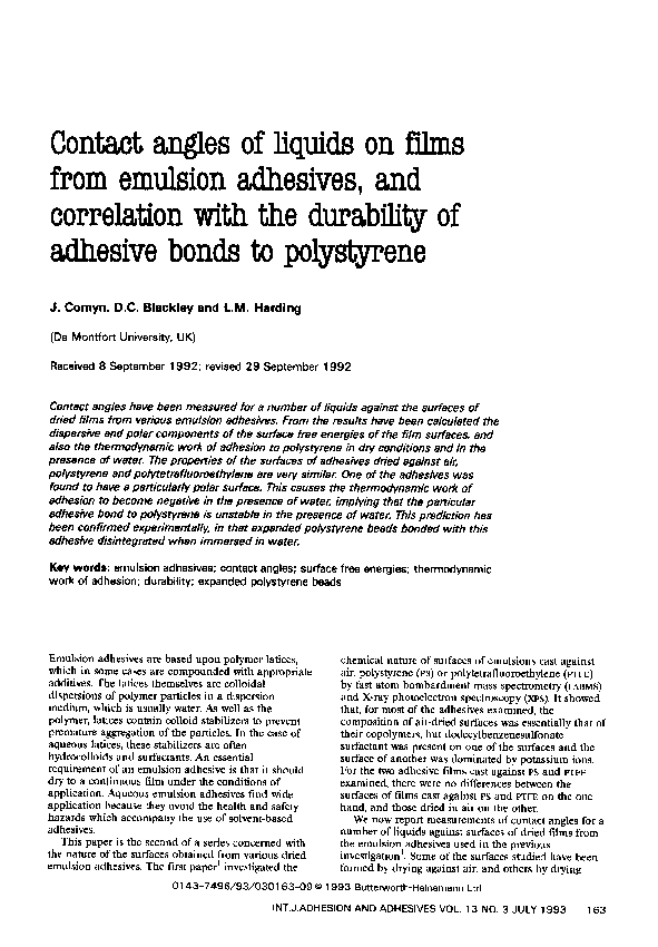 (PDF) Contact angles of liquids on films from emulsion adhesives, and ...