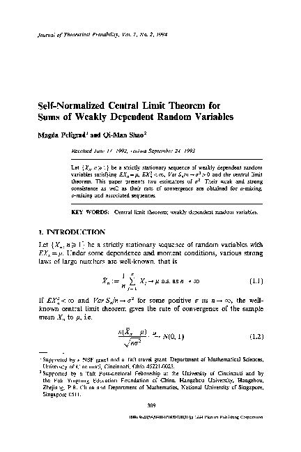(PDF) Self-normalized central limit theorem for sums of weakly dependent random variables