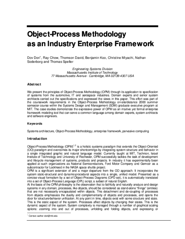 (PDF) Object-Process Methodology as an Industry Enterprise Framework