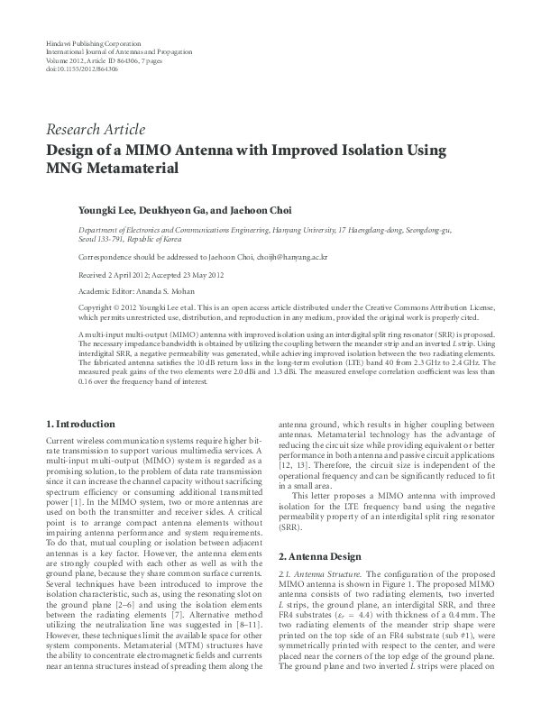 (PDF) Design of a MIMO antenna with improved isolation using meta-material