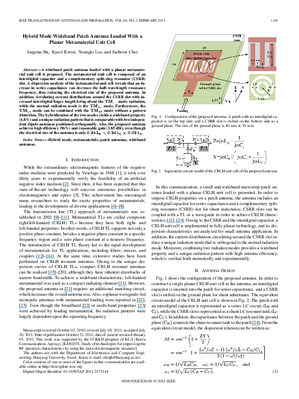 (PDF) Hybrid Mode Wideband Patch Antenna Loaded With a Planar Metamaterial Unit Cell