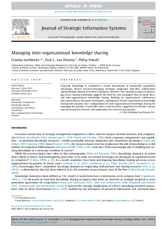 Pdf Managing Inter Organizational Knowledge Sharing