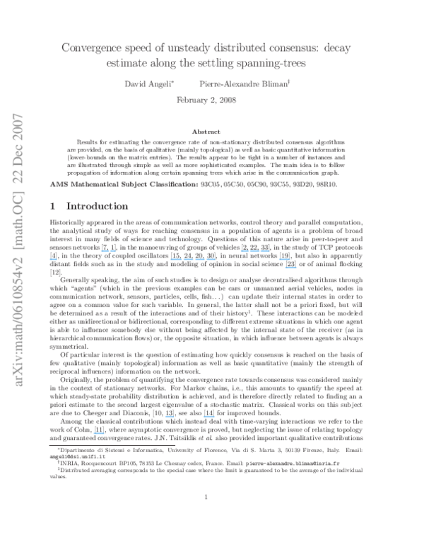 (PDF) Convergence Speed of Unsteady Distributed Consensus: Decay Estimate Along the Settling ...