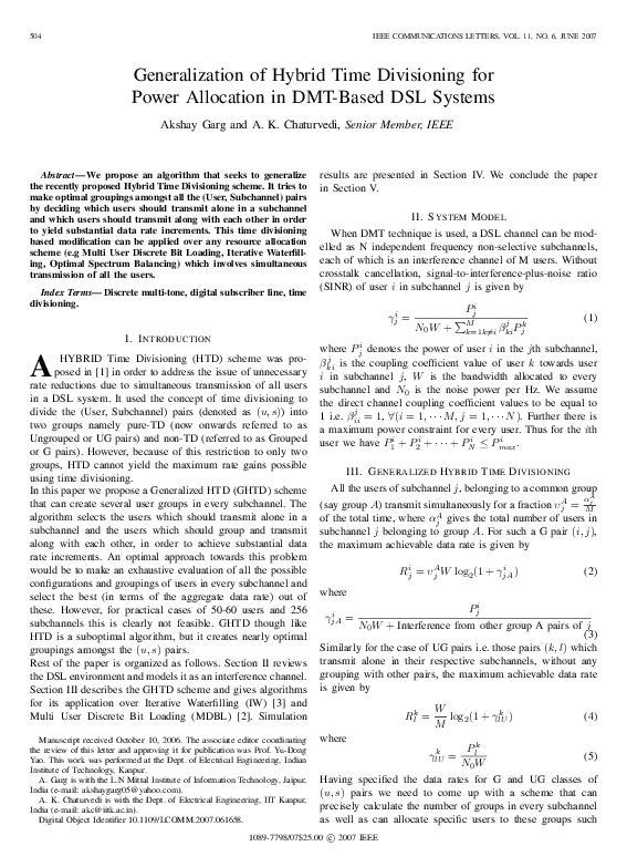 (PDF) Generalization of Hybrid Time Divisioning for Power Allocation in DMT-Based DSL Systems