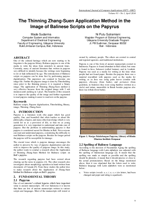 (PDF) The Thinning Zhang-Suen Application Method in the Image of Balinese Scripts on the Papyrus