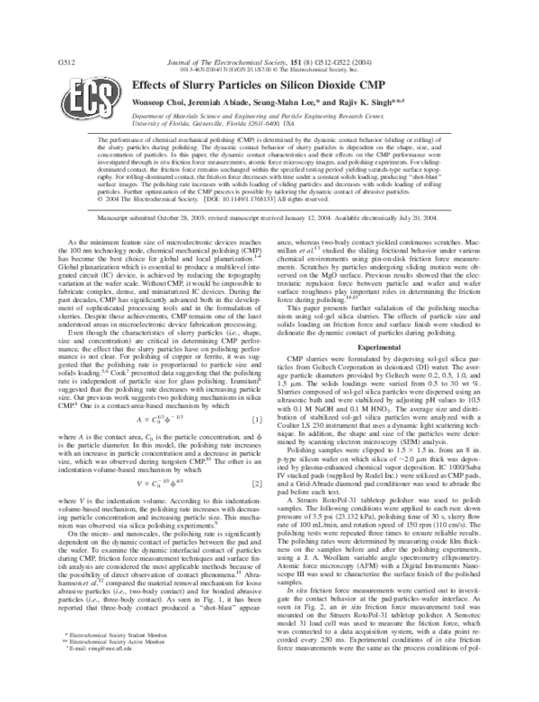 (PDF) Effects of Slurry Particles on Silicon Dioxide CMP