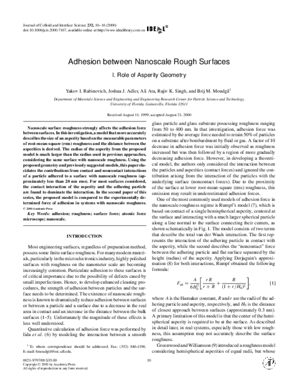 Pdf Adhesion Between Nanoscale Rough Surfaces