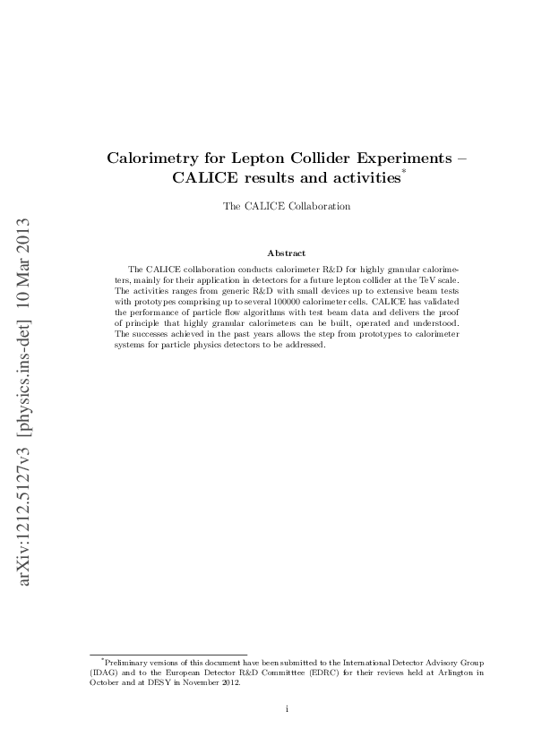 (PDF) Calorimetry for Lepton Collider Experiments-CALICE results and activities