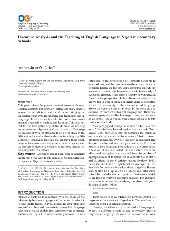 (PDF) Discourse Analysis and the Teaching of English Language in Nigerian Secondary Schools