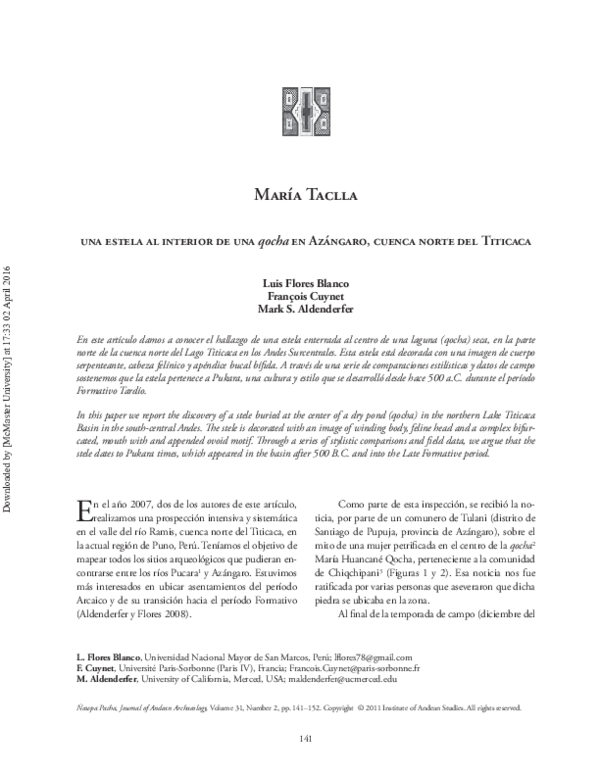 (PDF) Flores Blanco, L., Cuynet, F., Aldenderfer, M. 2011. Maria Taclla. Una estela al interior ...