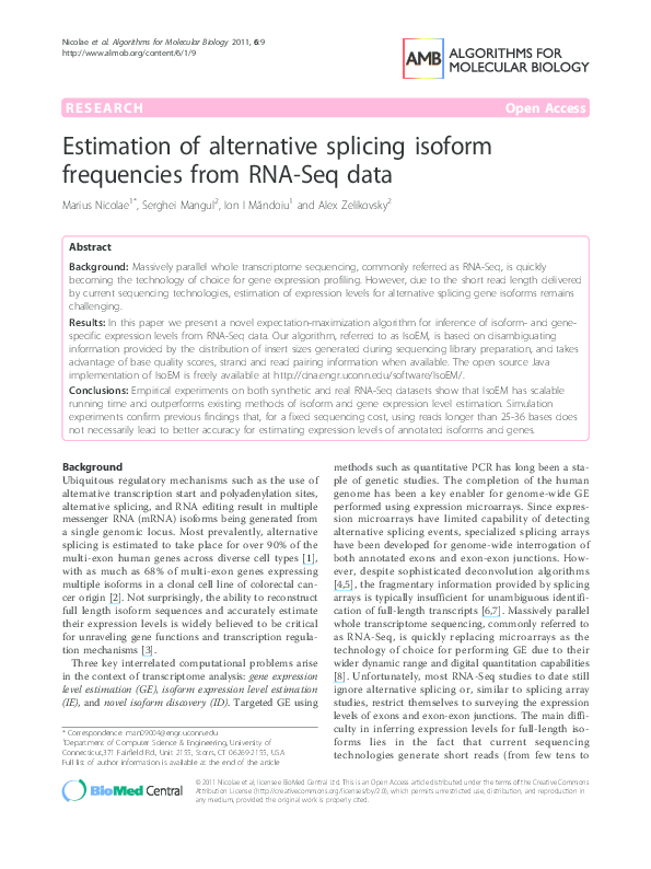 (PDF) Estimation of alternative splicing isoform frequencies from RNA-Seq data