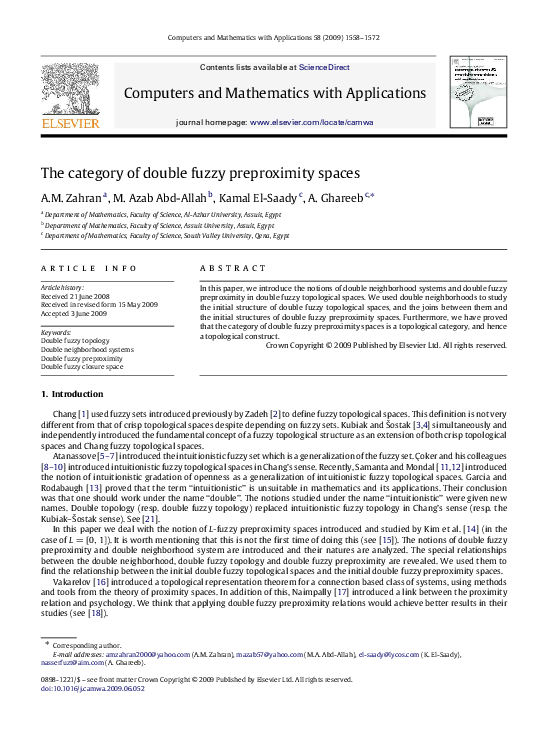 (PDF) The category of double fuzzy preproximity spaces