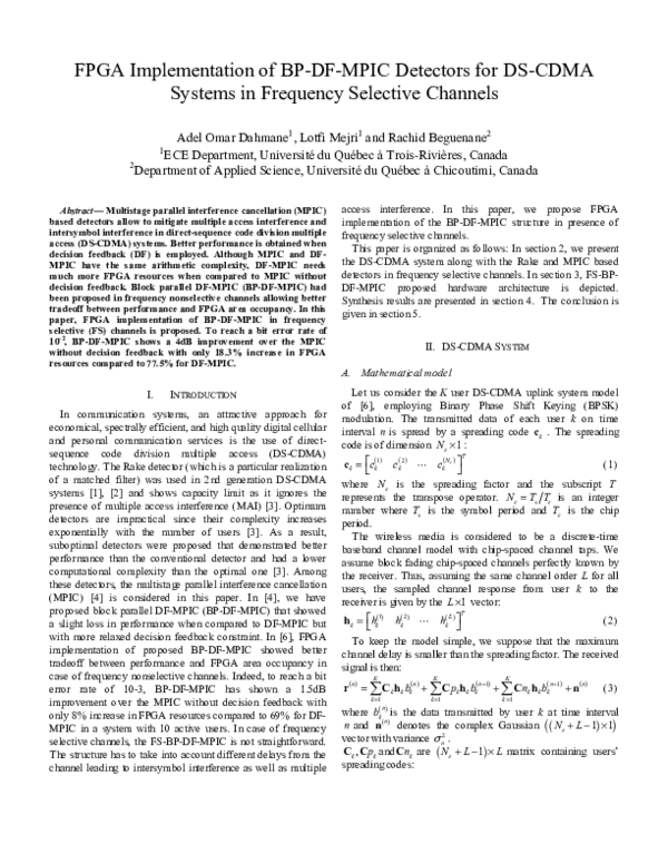 (PDF) FPGA implementation of BP-DF-MPIC detectors for DS-CDMA systems in frequency selective ...