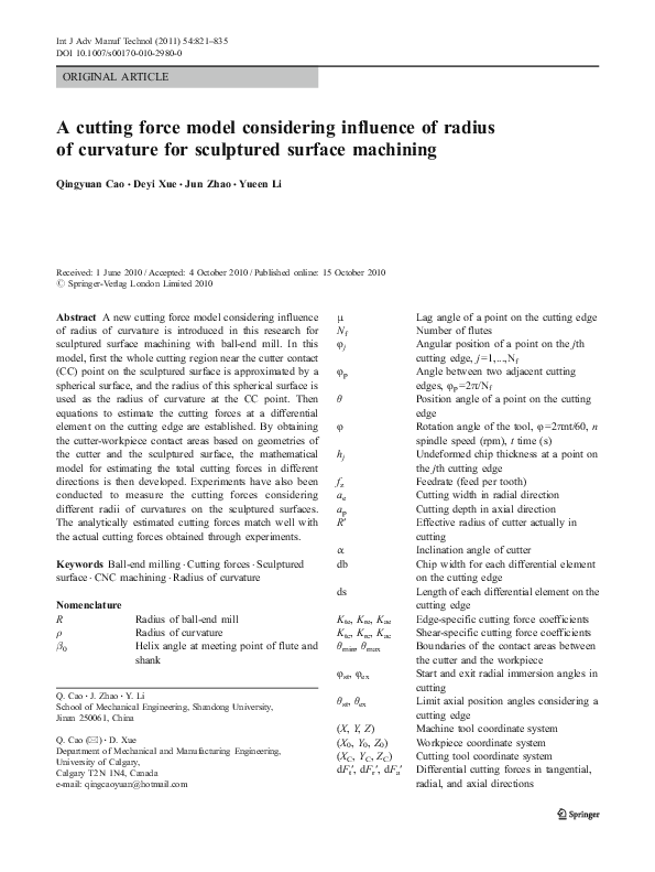 Pdf A Cutting Force Model Considering Influence Of Radius Of